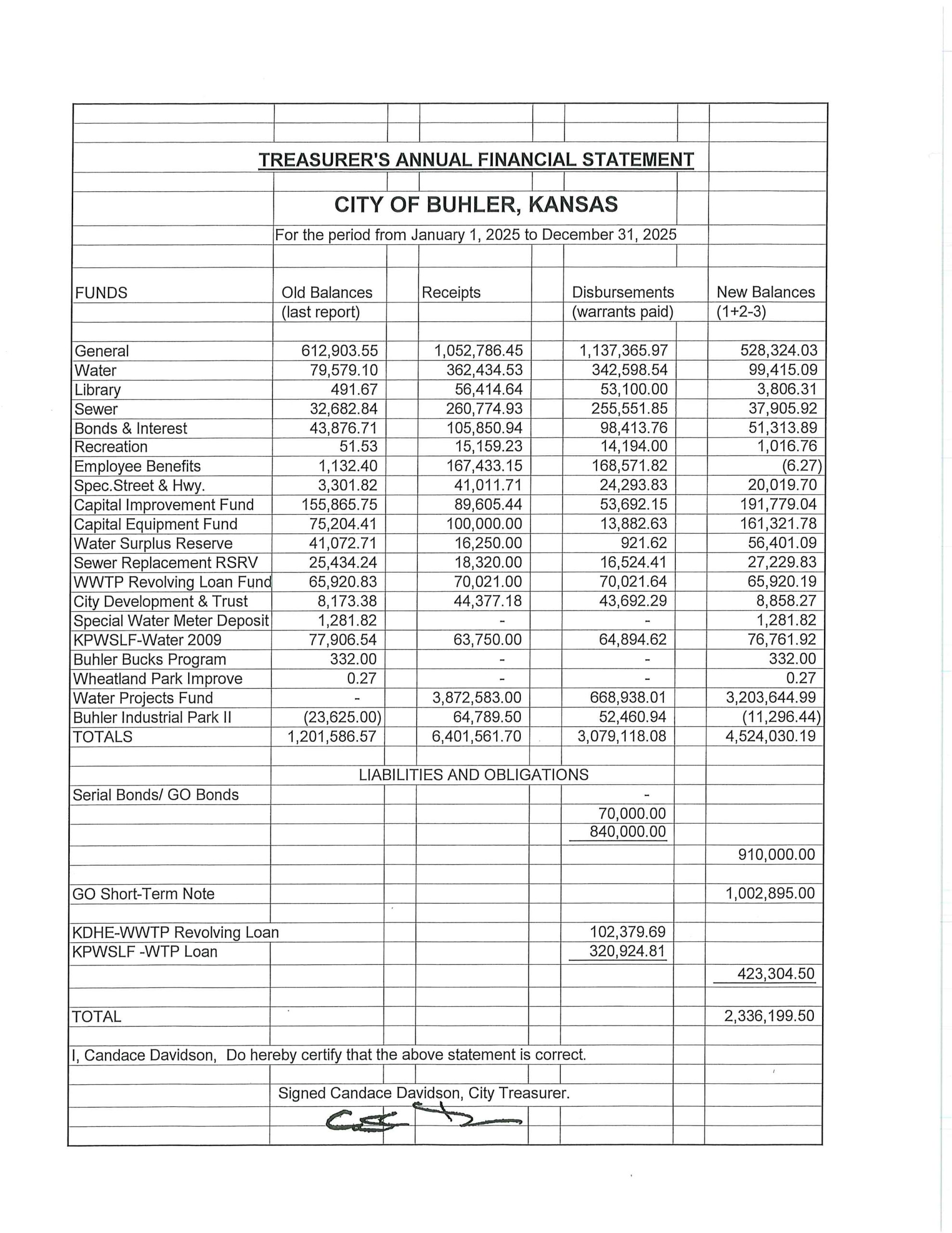 2025 Treasurers Report - City of Buhler