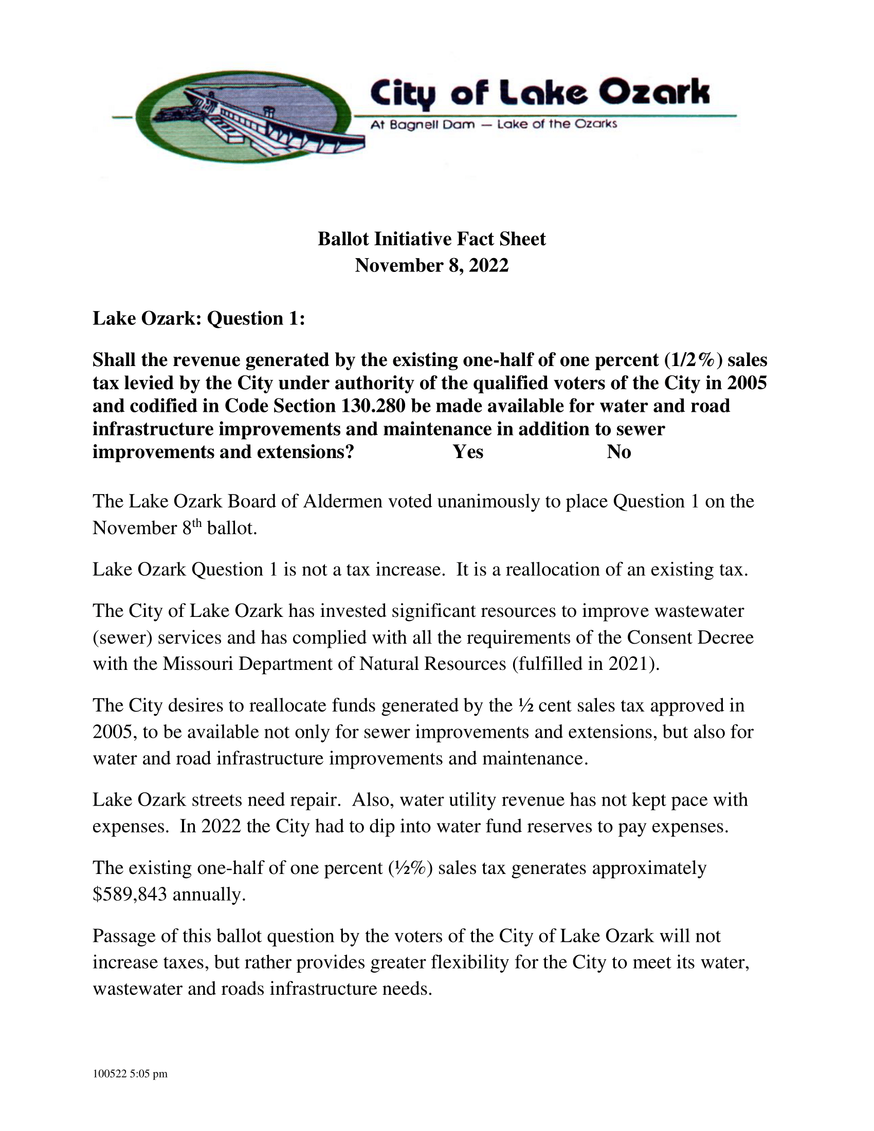 Ballot Question Reviewed - City of Lake Ozark
