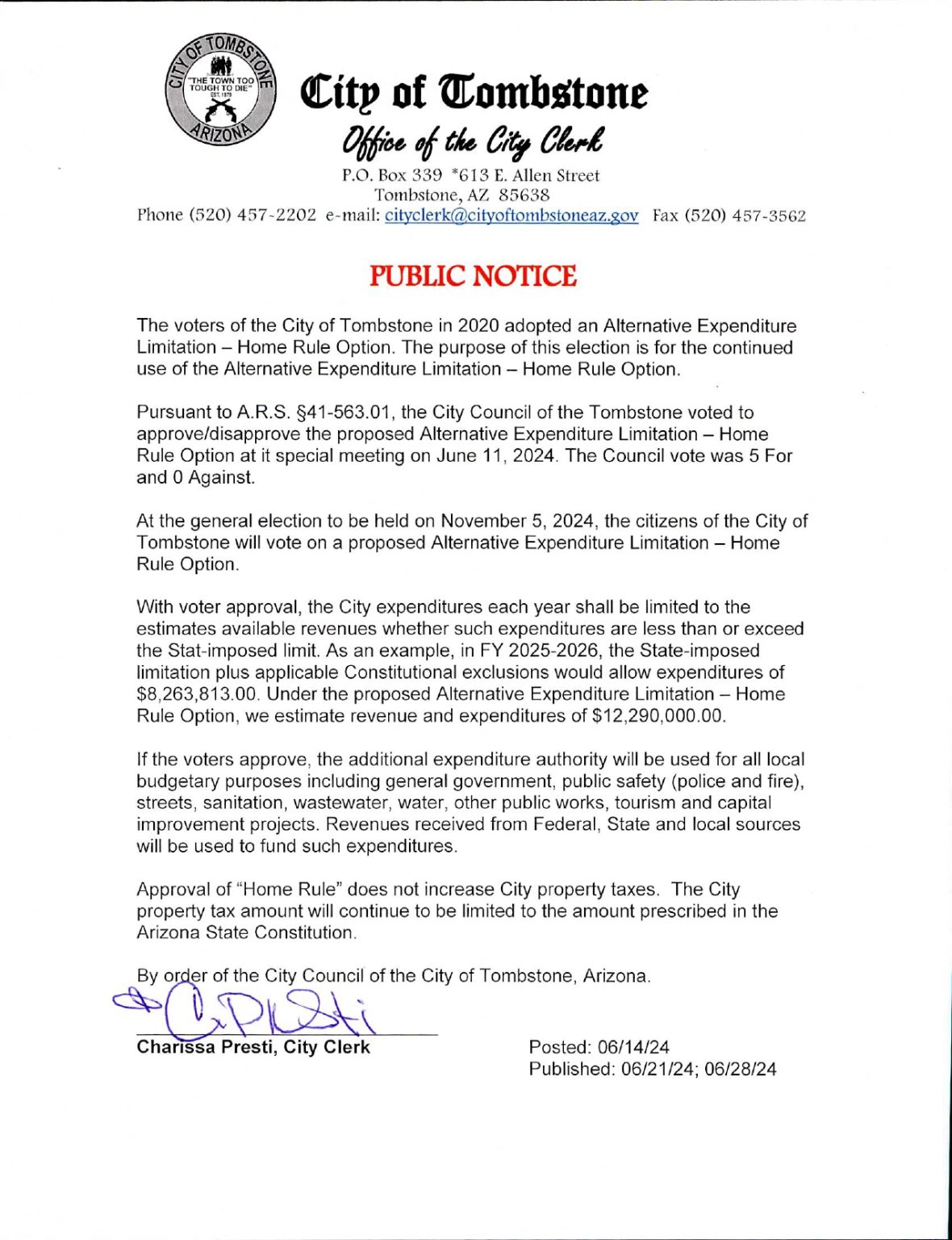 Public Notice-Home Rule Council Vote – City of Tombstone, Cochise ...