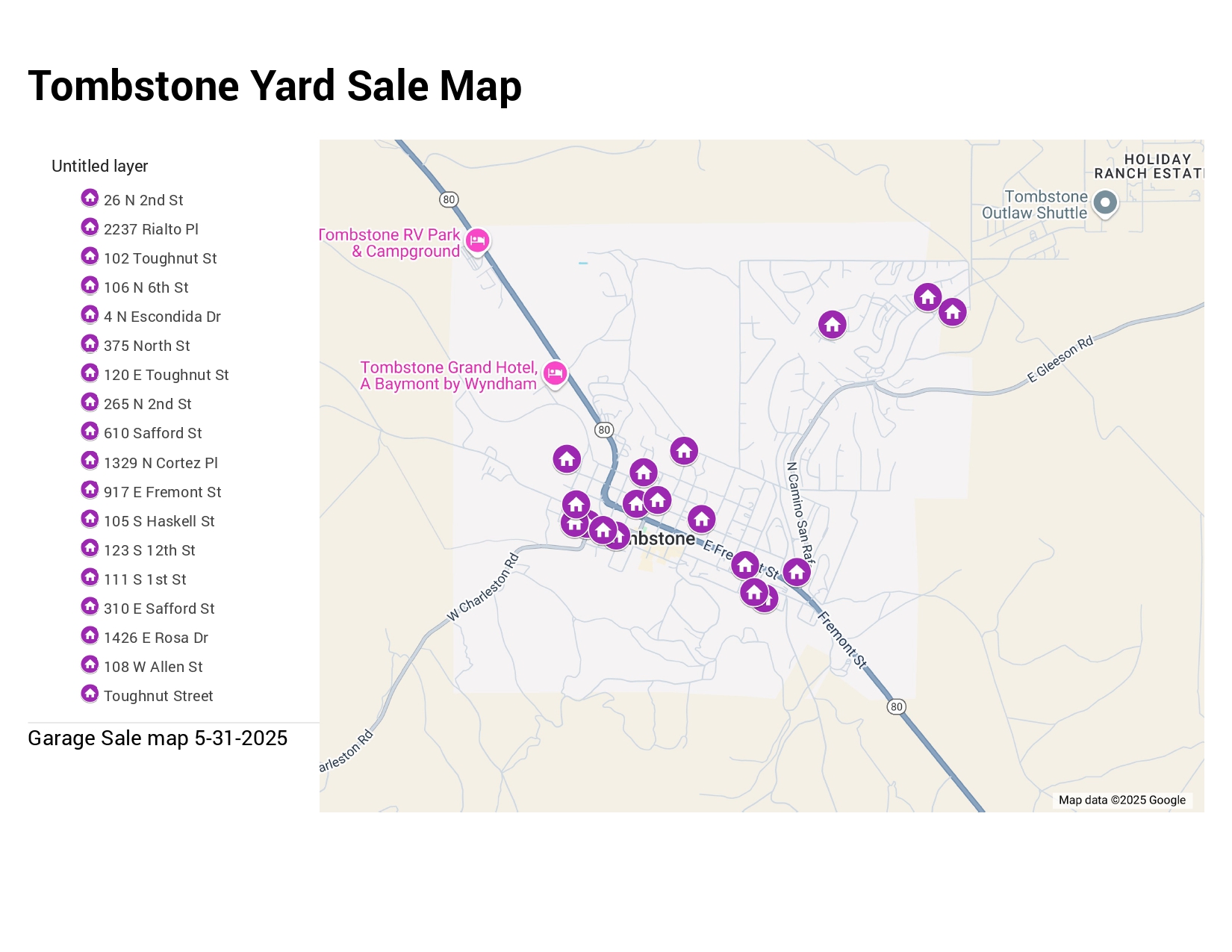 Tombstone Yard Sale Map – City of Tombstone, Cochise County, Arizona