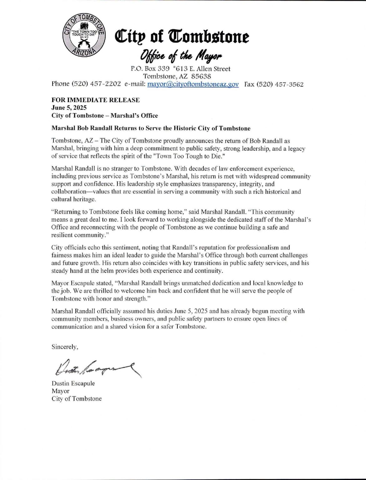 Marshal Bob Randall Returns to Serve the Historic City of Tombstone ...