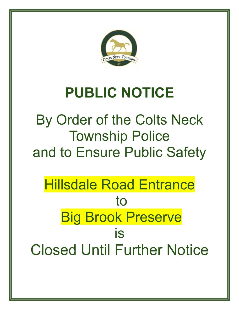 Big Brook Preserve- Hillsdale Road Entrance Closed - Colts Neck Township