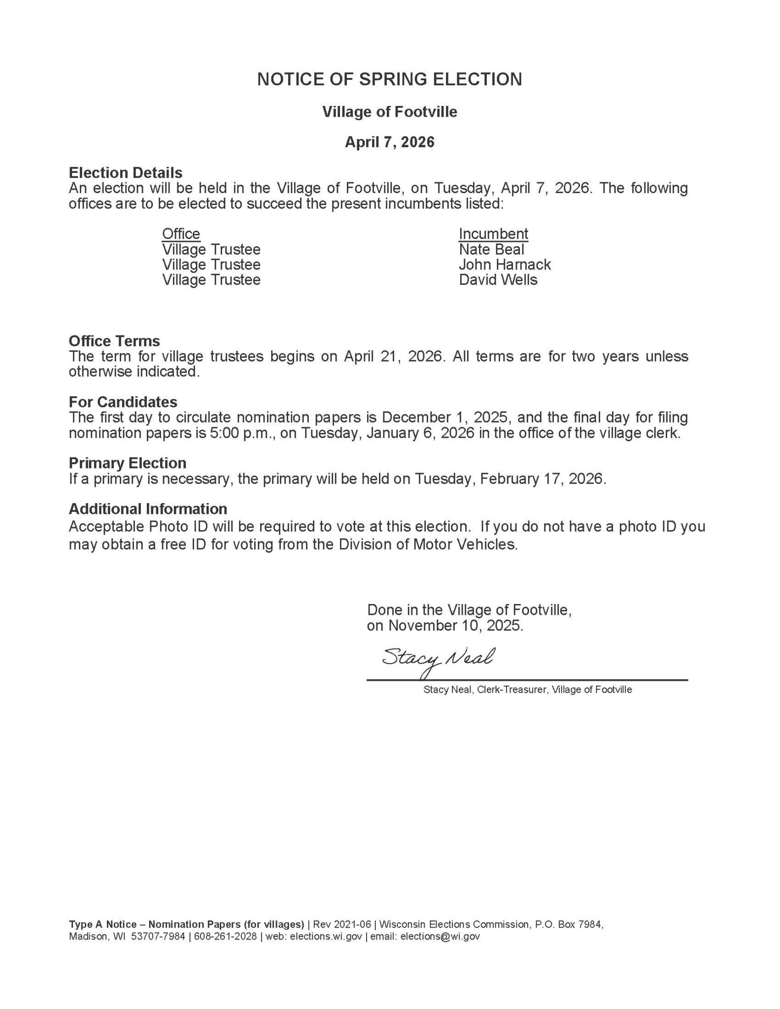Type A Notice of Spring Election 2026 - Village of Footville