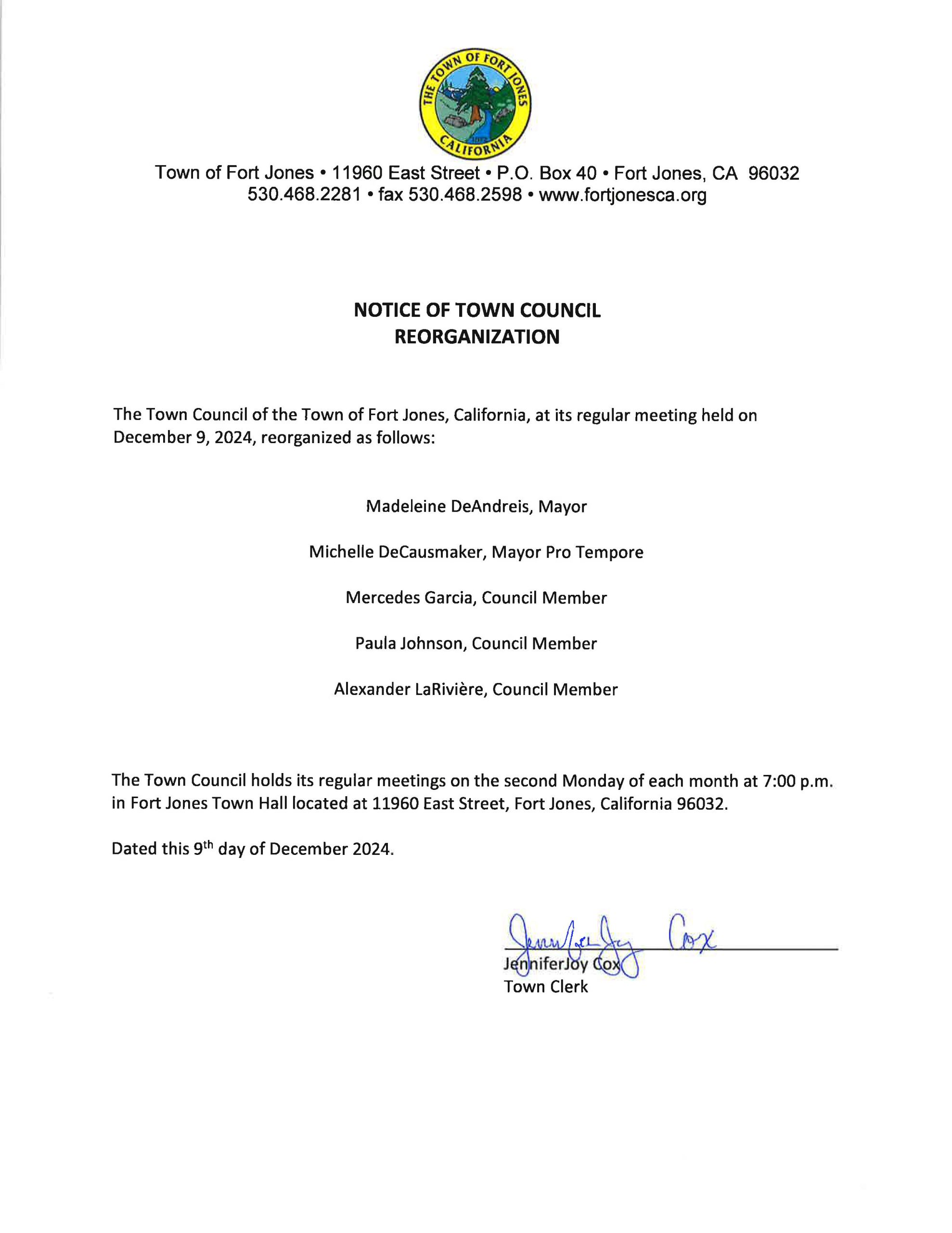 Notice of Town of Fort Jones Town Council Reorganization – Town of Fort ...