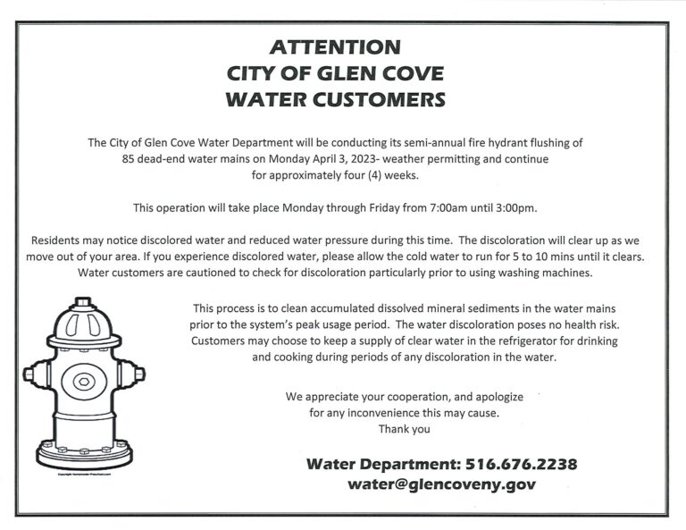 REMINDER: Hydrant Flushing begins 4/4/2023 - City of Glen Cove