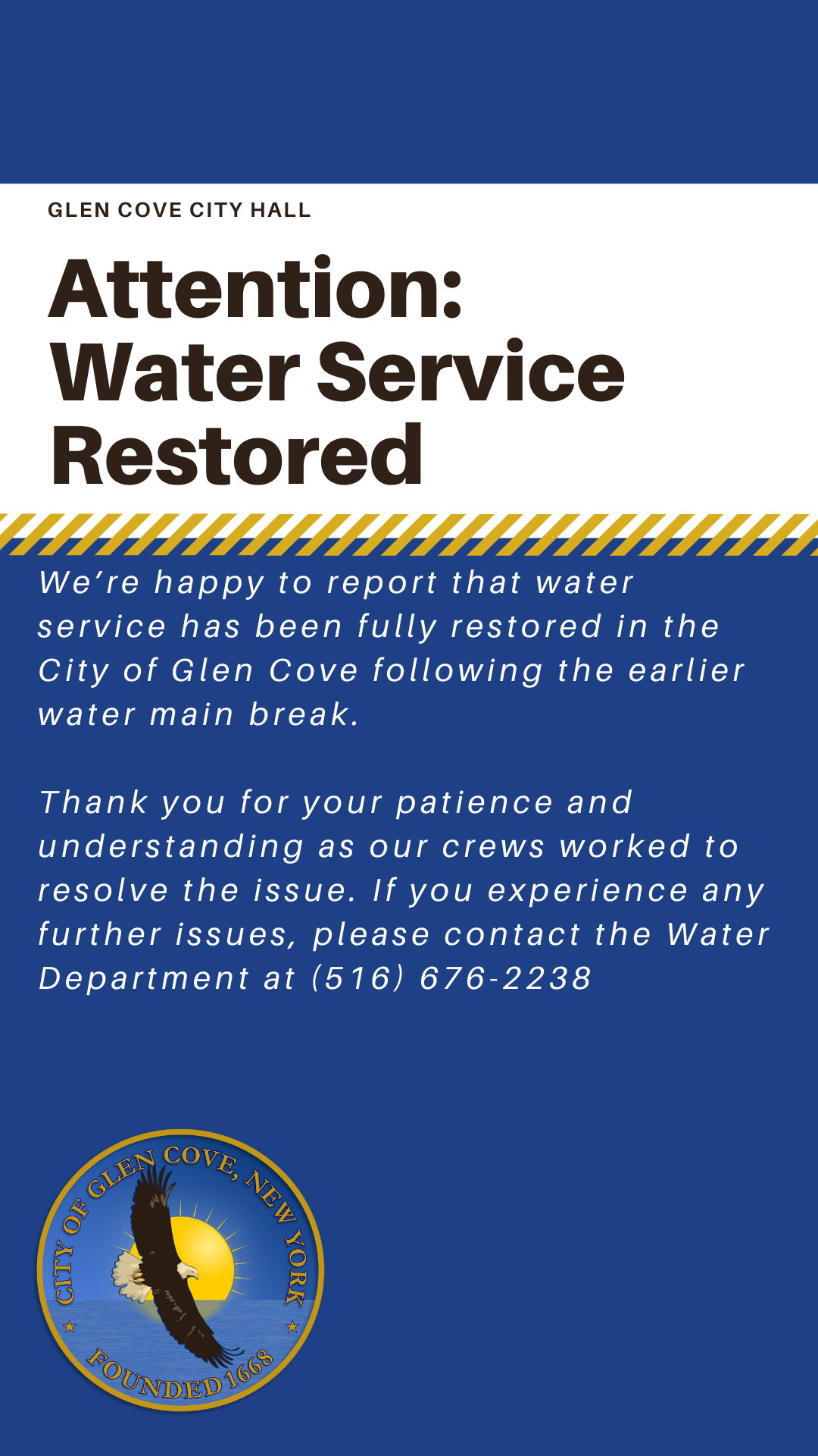 Water Service Restored - City of Glen Cove