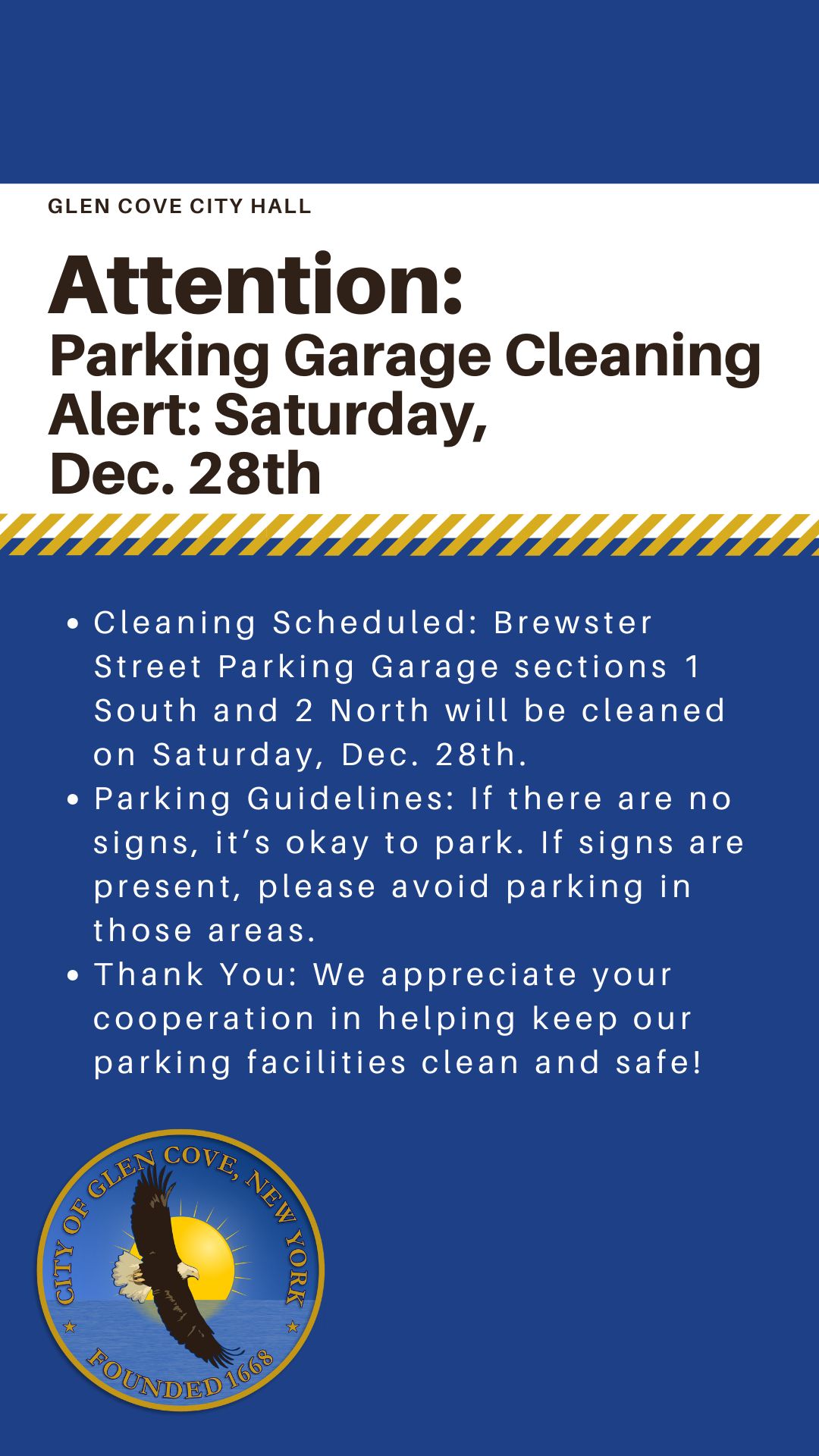 Parking Garage Cleaning Alert: Saturday, Dec. 28th - City of Glen Cove