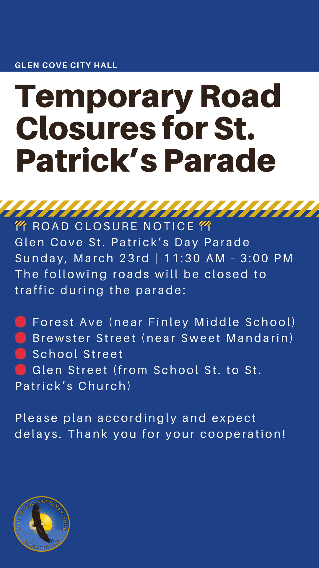St. Patrick's Parade Road Closures, 3/23/25 - City of Glen Cove