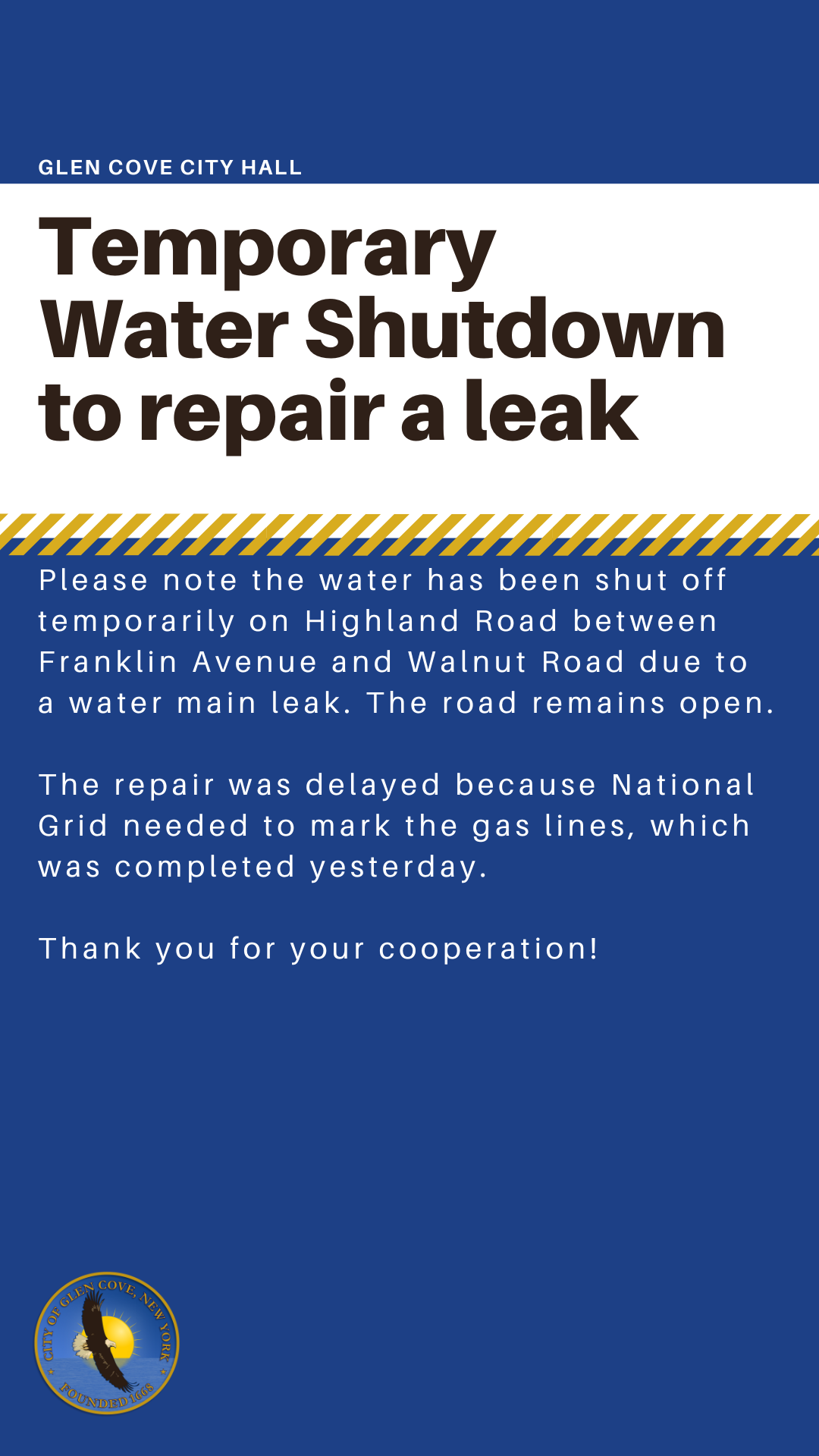 Temporary Water Shut Down: Highland Road / Franklin area - City of Glen ...