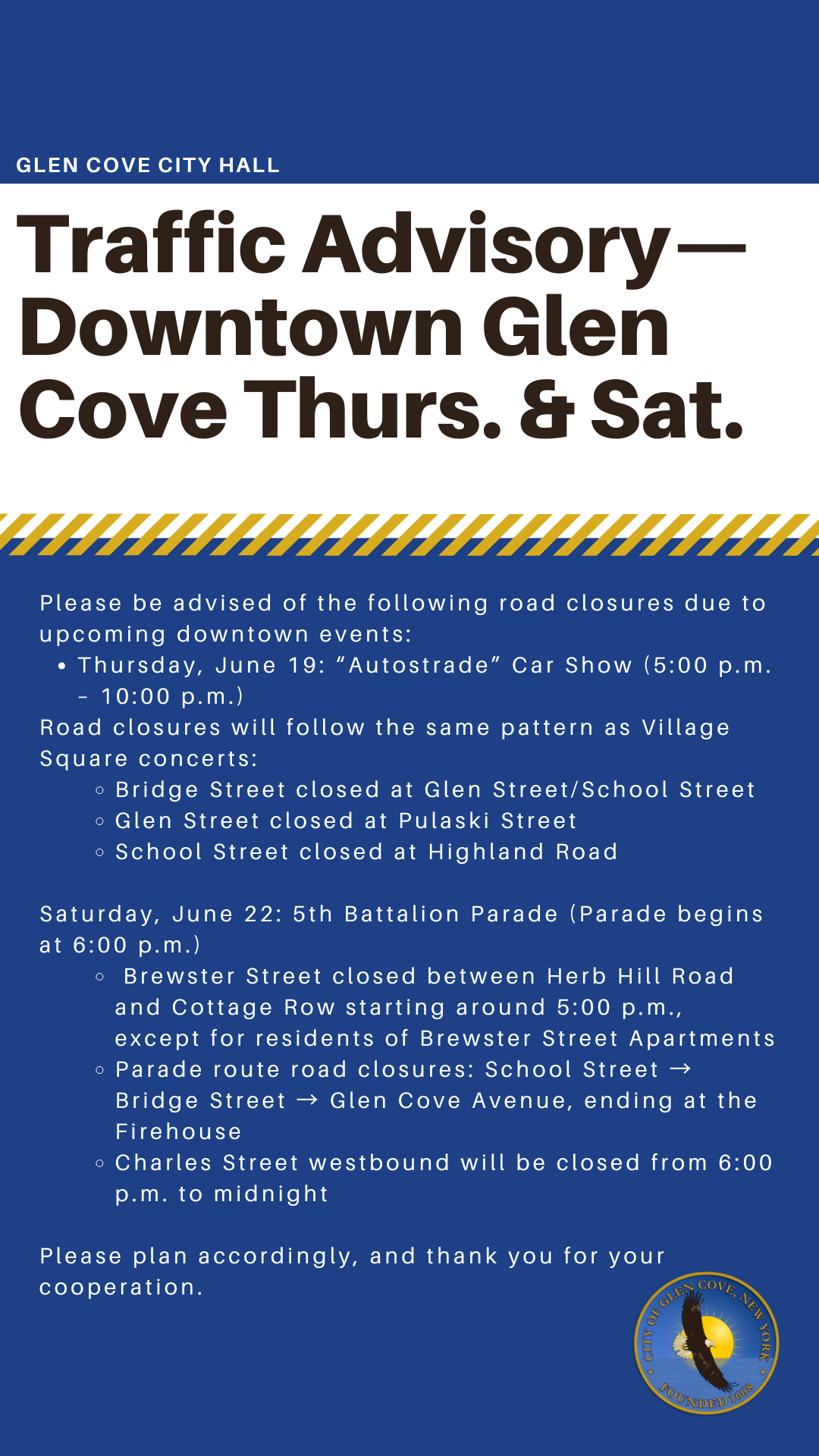 Temporary road closures Thurs. & Sat - City of Glen Cove