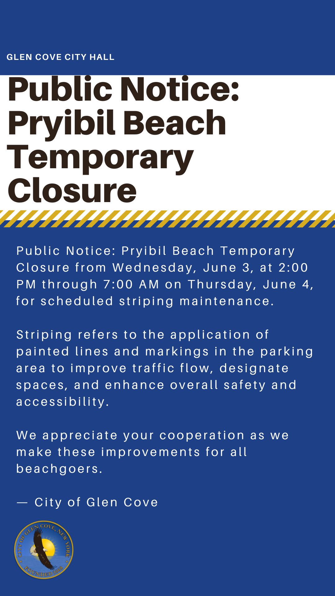 Public Notice: Pryibil Beach Temporary Closure - City of Glen Cove