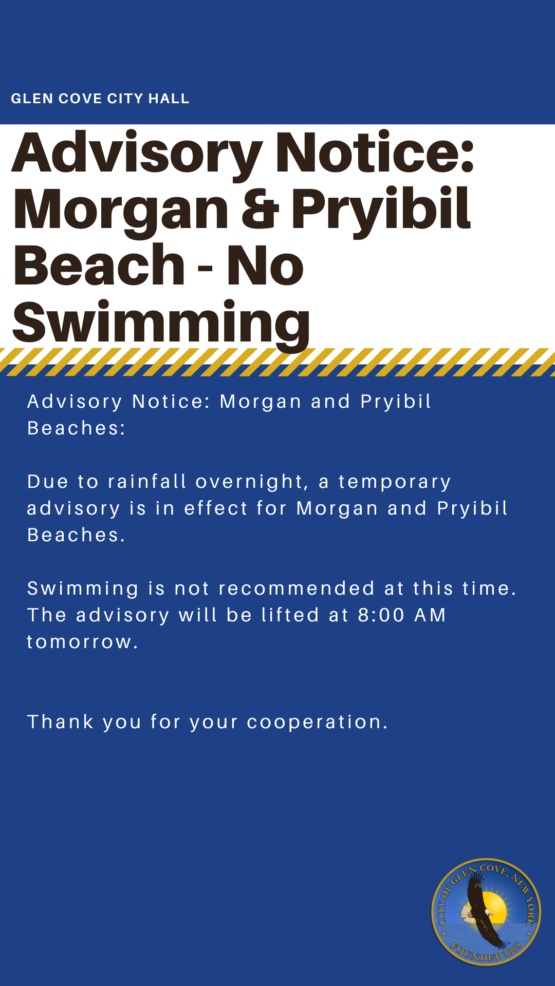 Swimming Advisory: Morgan and Pryibil Beaches - City of Glen Cove
