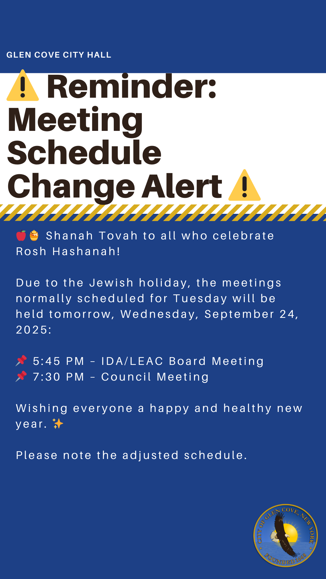 ⚠️ Reminder: Meeting Schedule Change Alert ⚠️ - City of Glen Cove