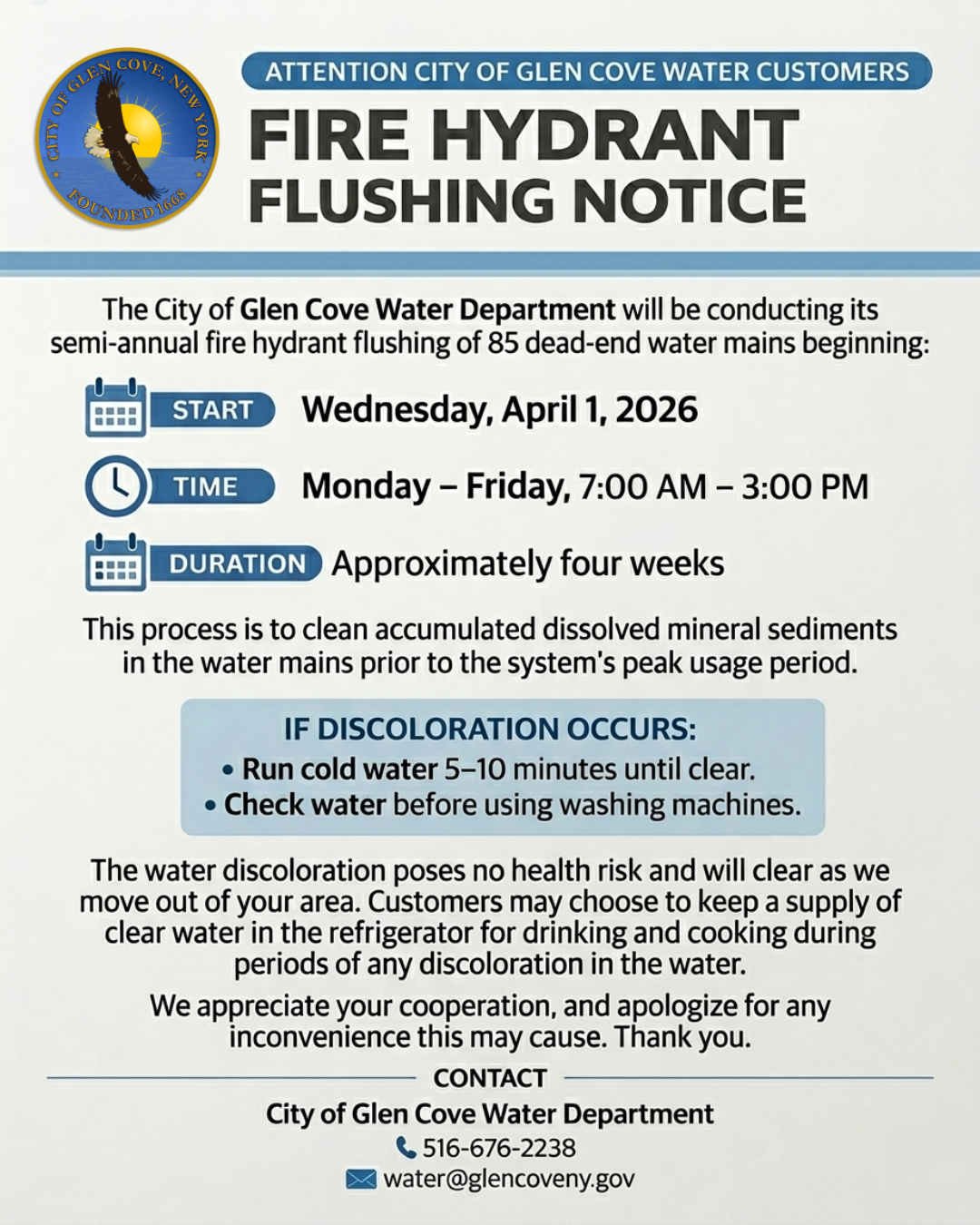 Fire Hydrant Flushing Notice - April 1 - City of Glen Cove