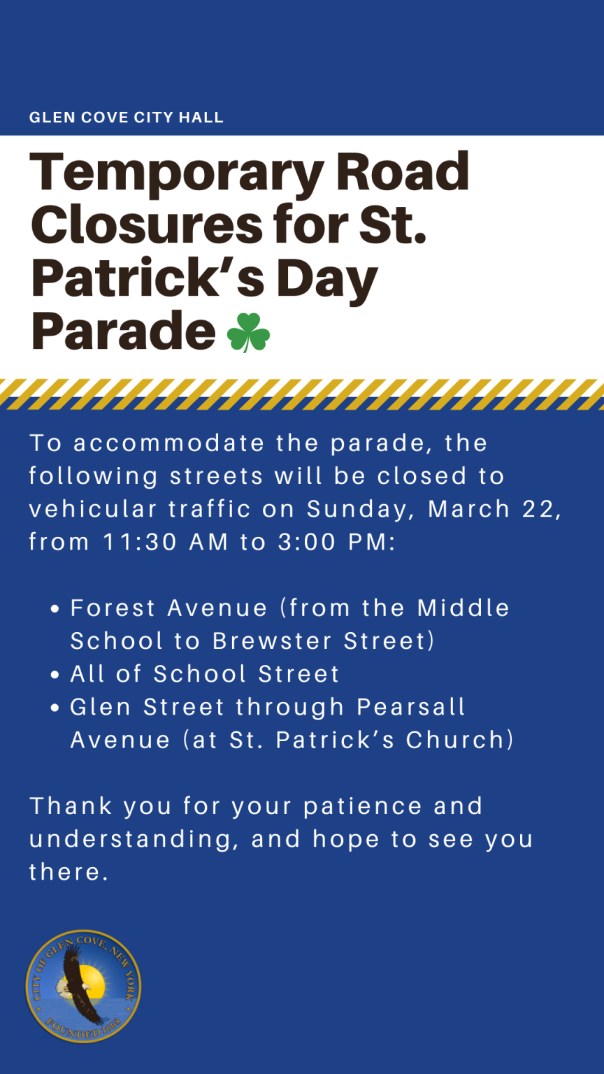 Temporary Road Closures: Glen Cove St. Patrick's Day Parade - City of ...