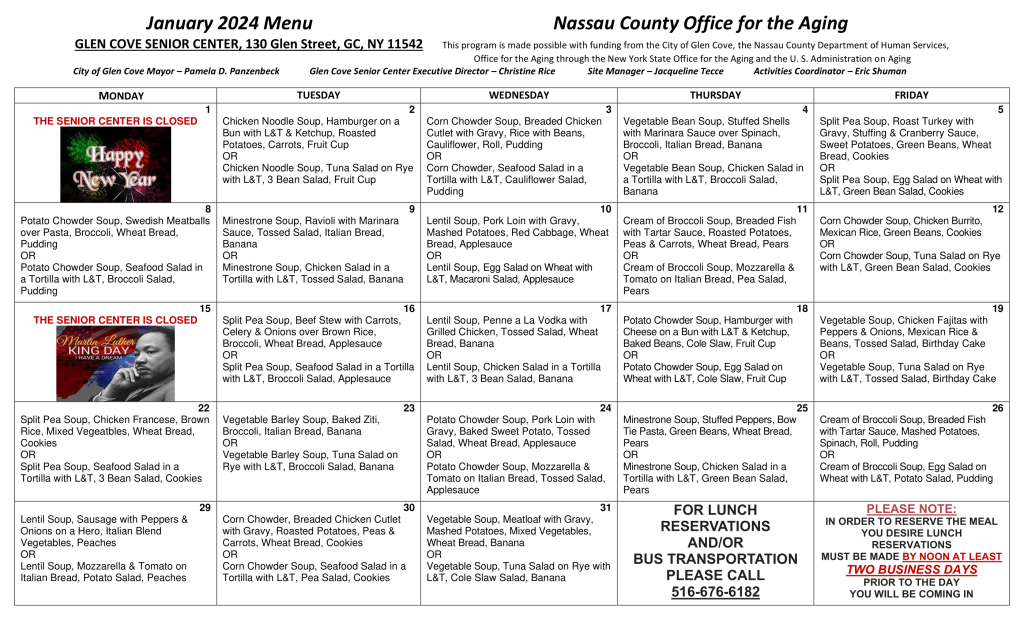Lunch Menu Calendar – Glencove Senior center