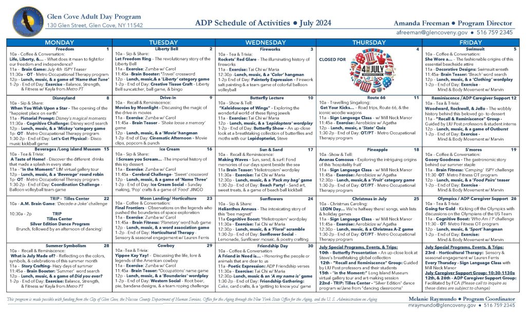 ADP Monthly Calendar – Glencove Senior center