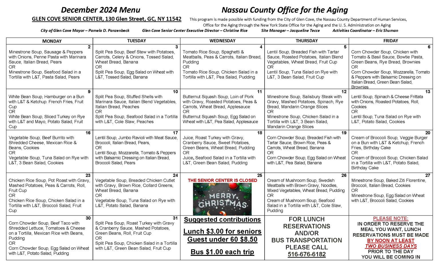 Lunch Menu Calendar – Glencove Senior center