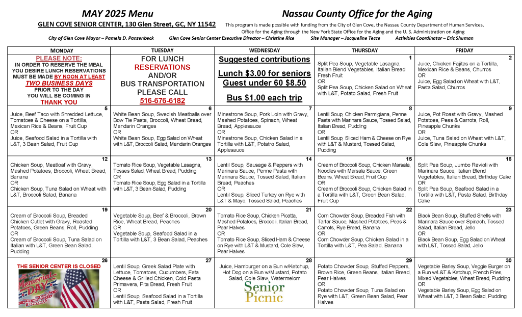 Lunch Menu Calendar – Glencove Senior center