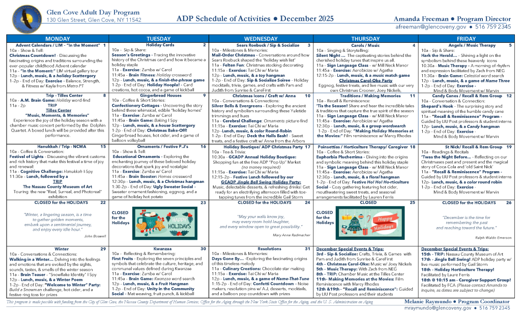 ADP Monthly Calendar – Glencove Senior center