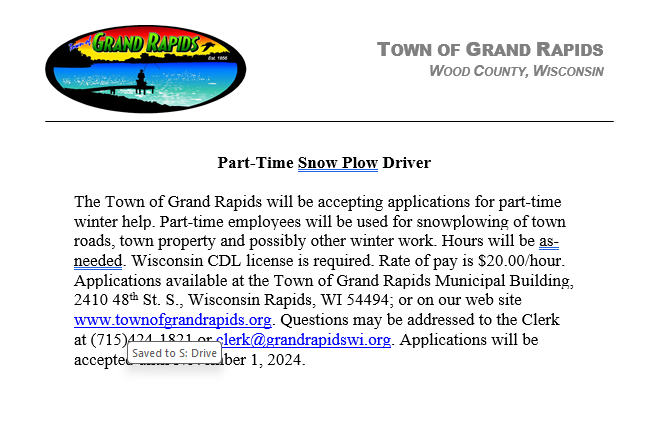 snow plow – Town of Grand Rapids, Wood County, Wisconsin