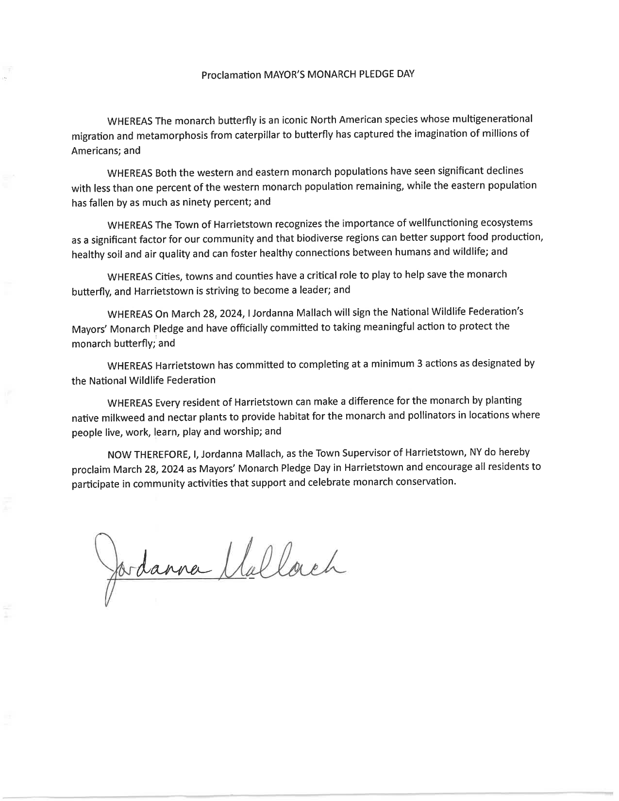 Proclamation Mayor's Monarch Pledge Day - Town of Harrietstown