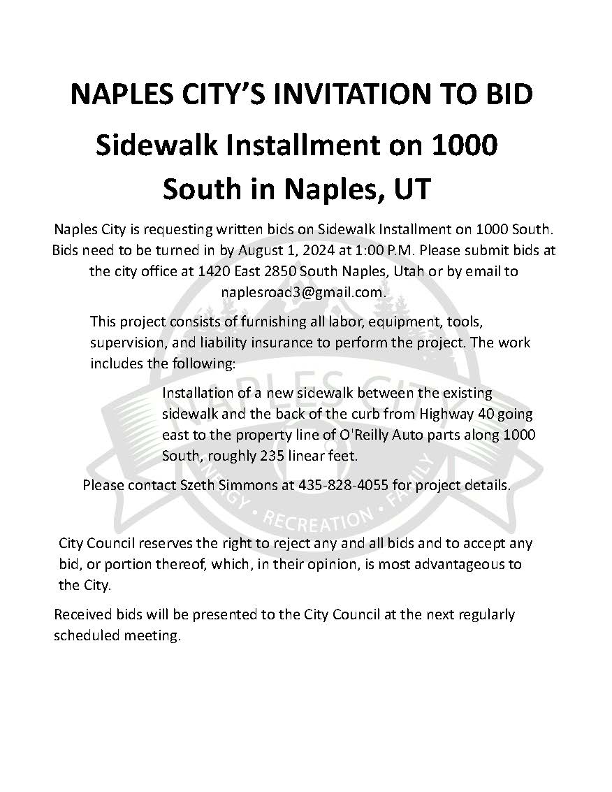 Invitation to Bid- Sidewalk 1100 South – Naples City, Uintah County, Utah