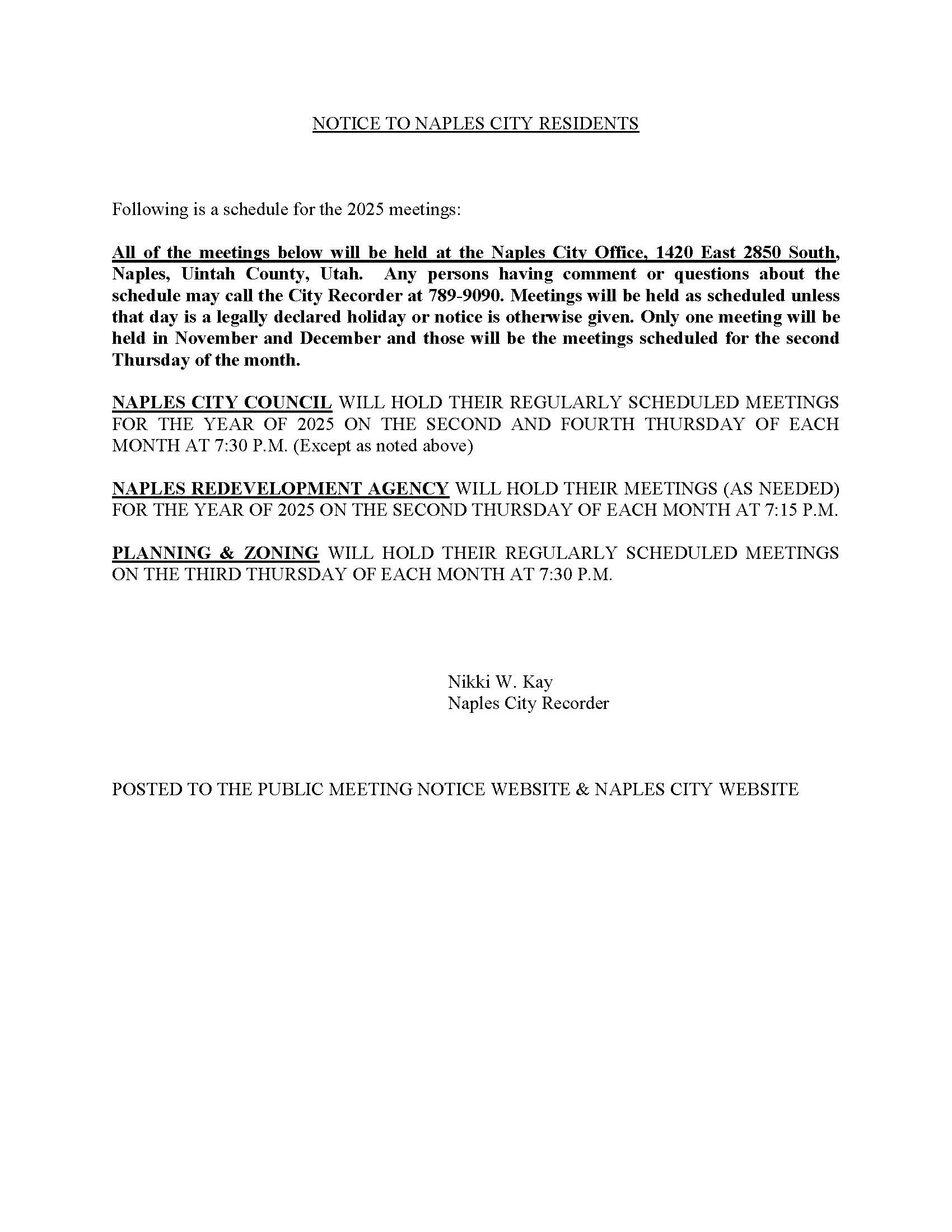 2025 Meeting Schedule – Naples City, Uintah County, Utah