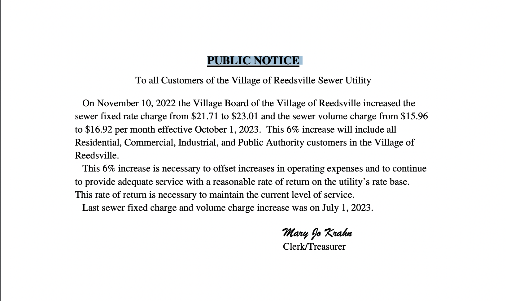 Public Notice: Sewer Rate Increase – Village of Reedsville, Manitowoc ...