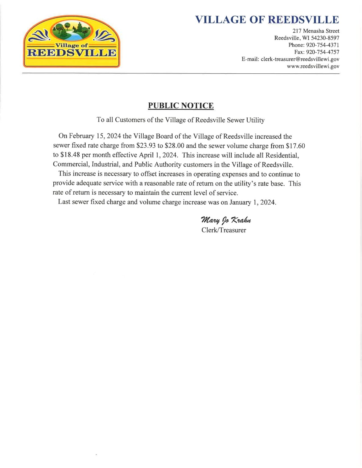 News & Notices – Village of Reedsville, Manitowoc County, Wisconsin
