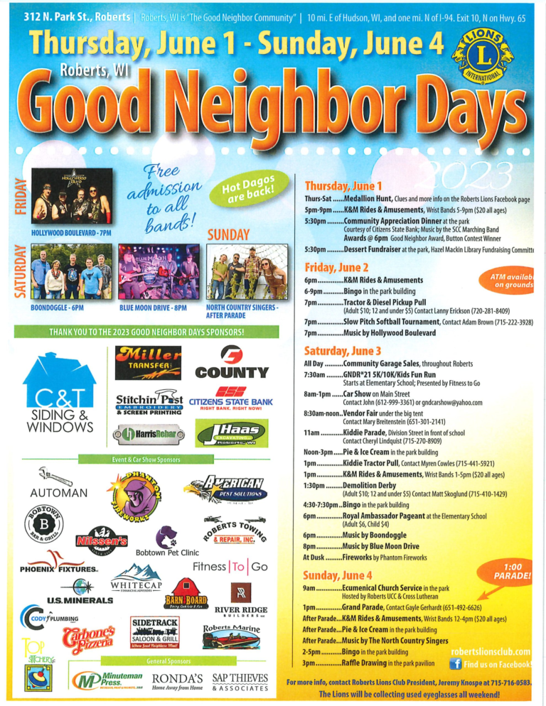 Good Neighbor Days – June 1 – June 4 – Village of Roberts, Wisconsin
