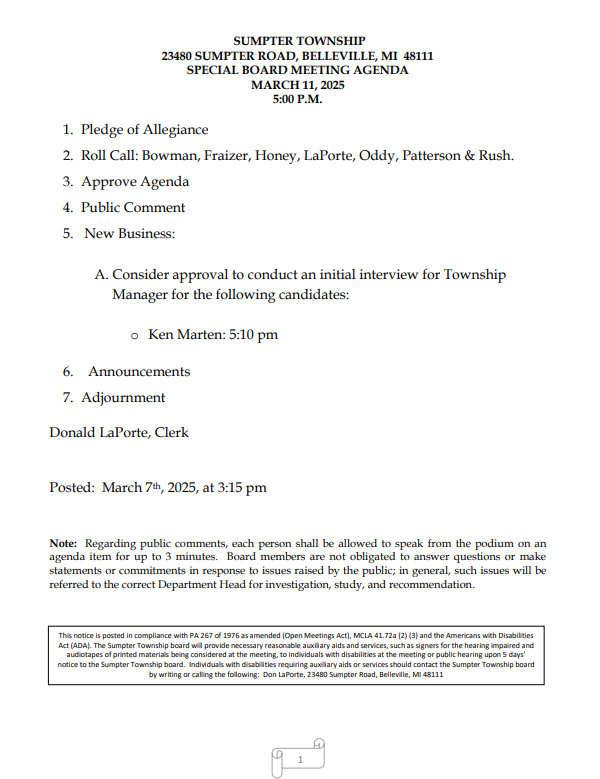 March 11th, 2025 Special Meeting – Website – Sumpter Township