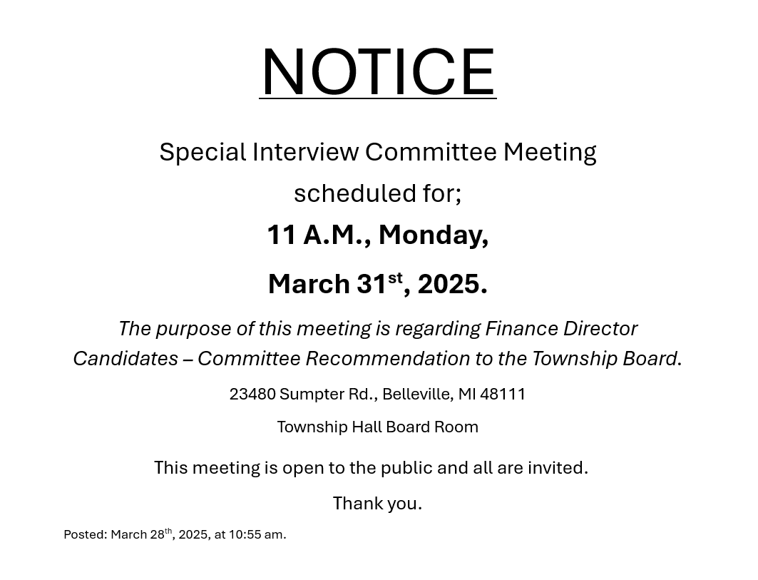 Special Interview Committee Meeting Notice 3.31.2025 – Sumpter Township