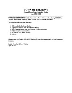 Annual Meeting Agenda – 2021 – Town of Fremont, Waupaca County, WI