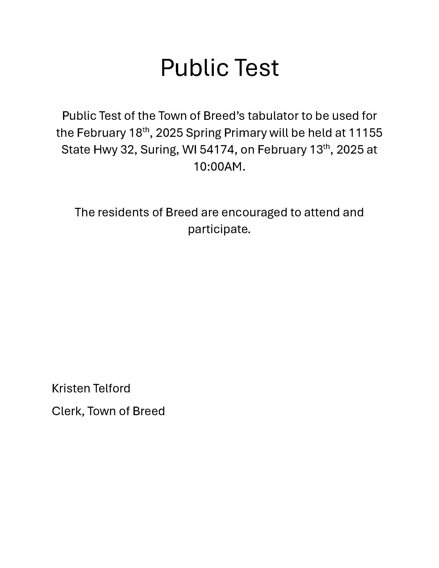 Public Test Feb 18 2025 – Town of Breed
