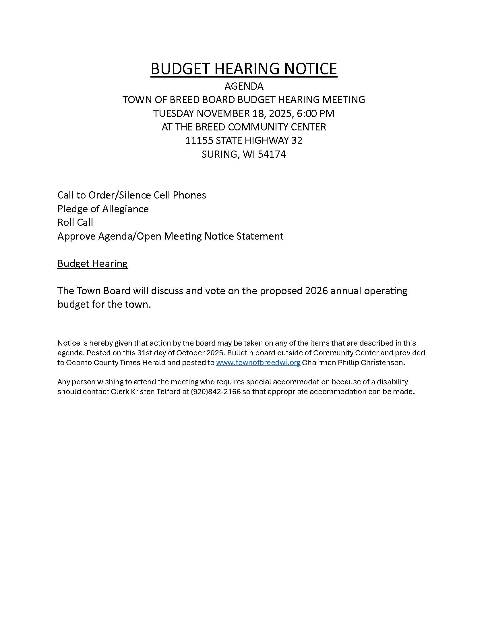 2026 Budget Hearing – Town of Breed