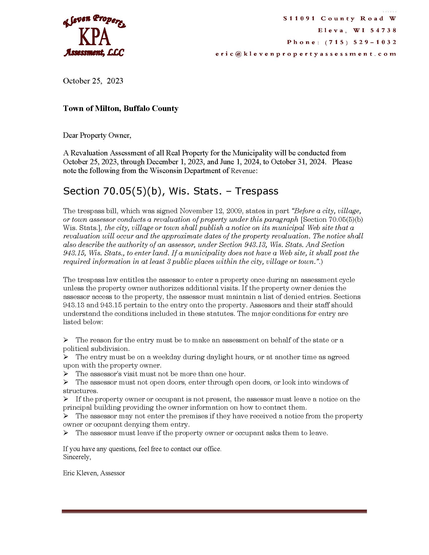 2024-Milton-Assessor-Notice – Town of Milton, Buffalo County, Wisconsin