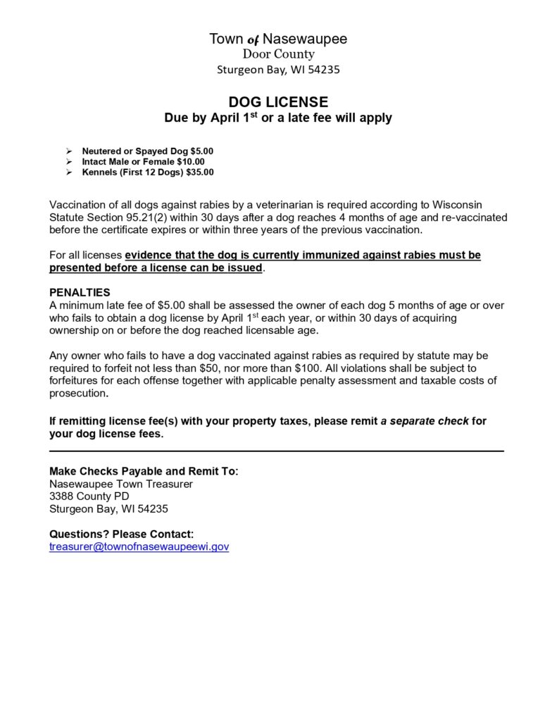 Dog Licenses – Town of Nasewaupee, Door County, Wisconsin