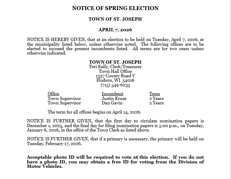 Notice of Spring Election 2026 – Town of St. Joseph