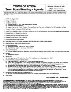 020821 Agenda Town Board Meeting – Town of Utica, Winnebago County ...