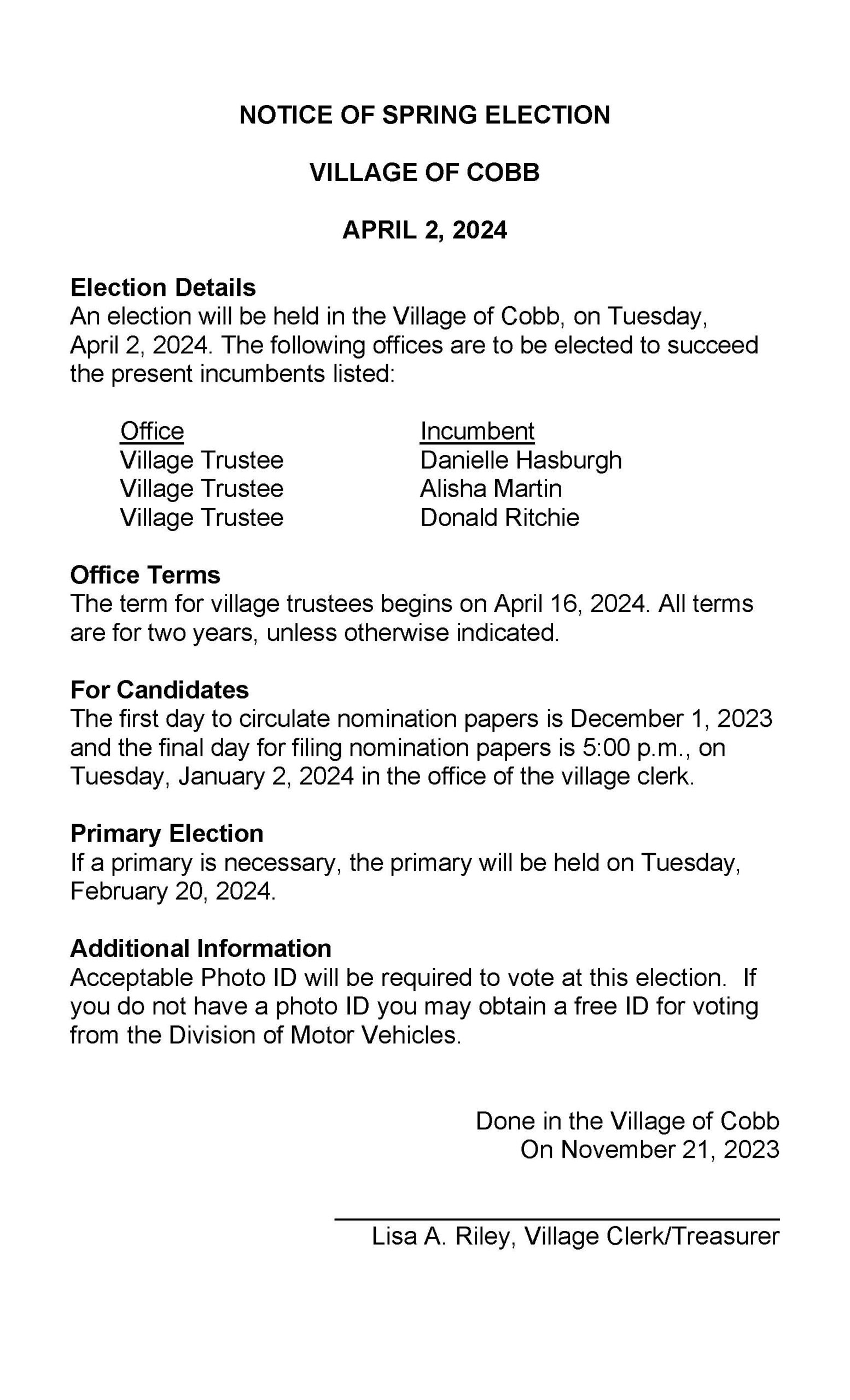 Type A Notice – Village of Cobb Spring 2024 Election – Village of Cobb ...