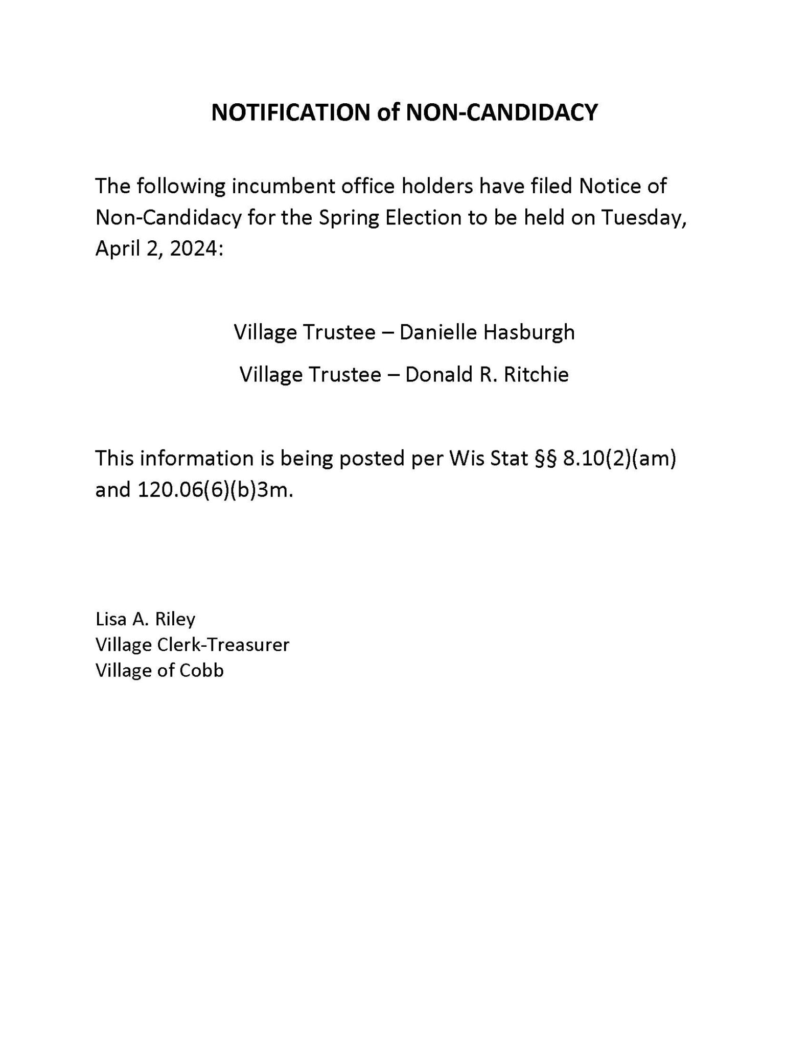 Notice of Non-Candidacy Filings for 2024 Spring Election – Village of ...