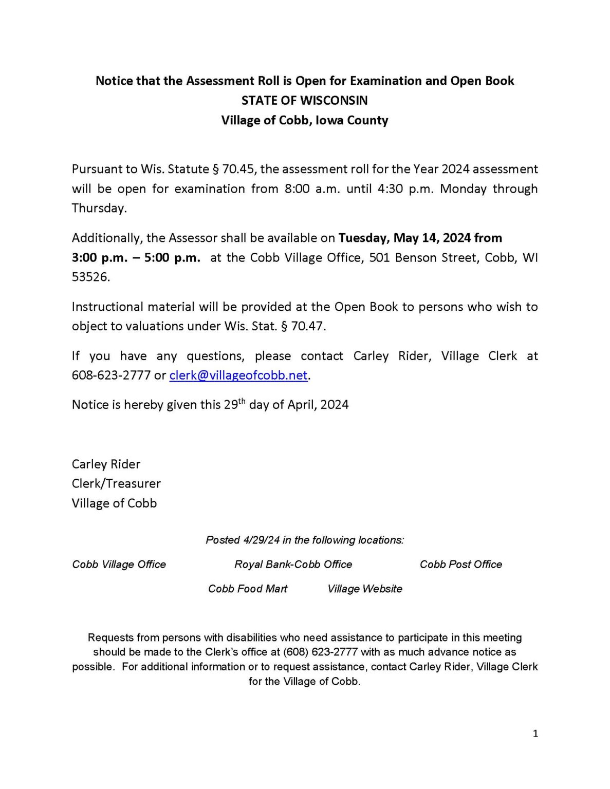 2024 Open Book Notice – Village of Cobb, Iowa County, Wisconsin