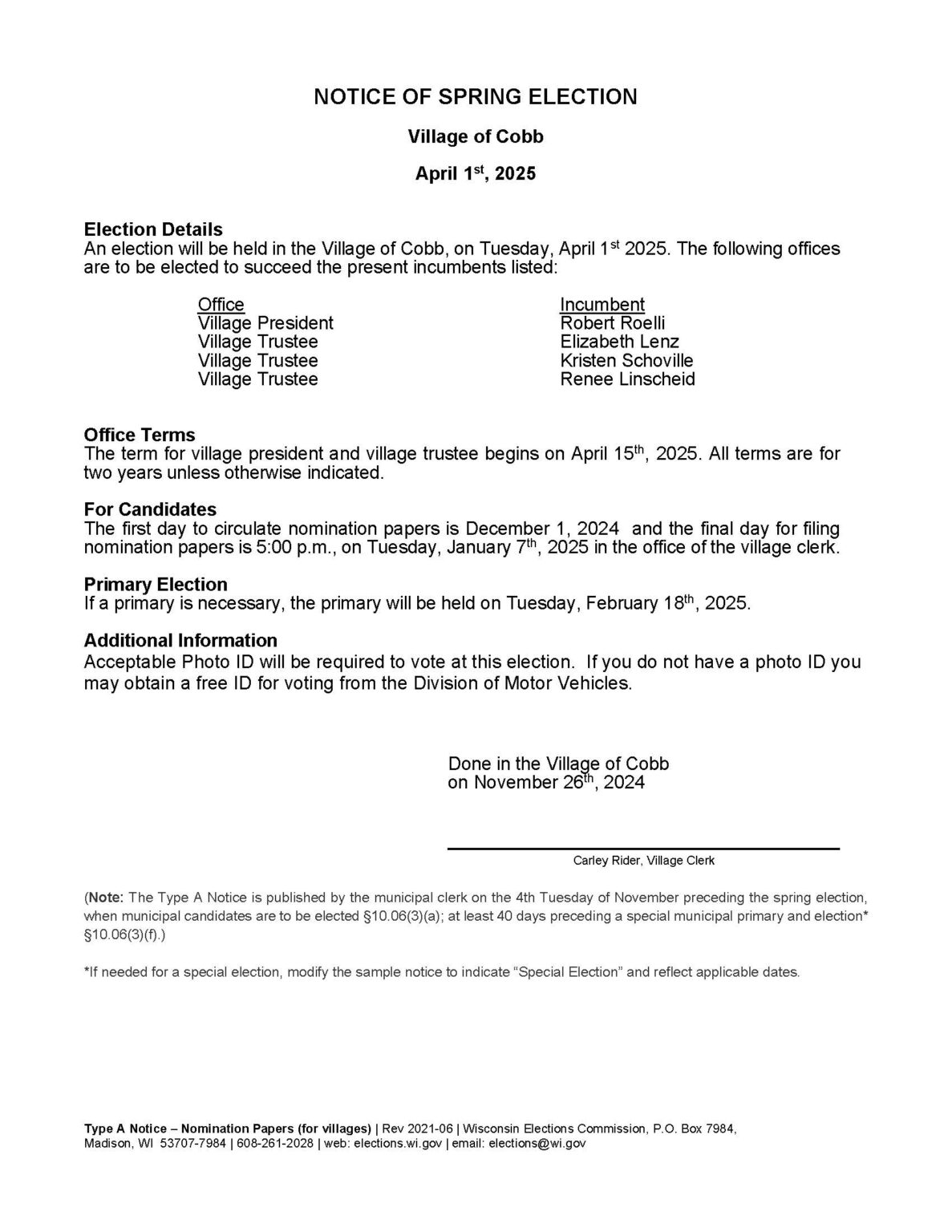 Type A Notice – Spring 2025 Election – Village of Cobb, Iowa County ...