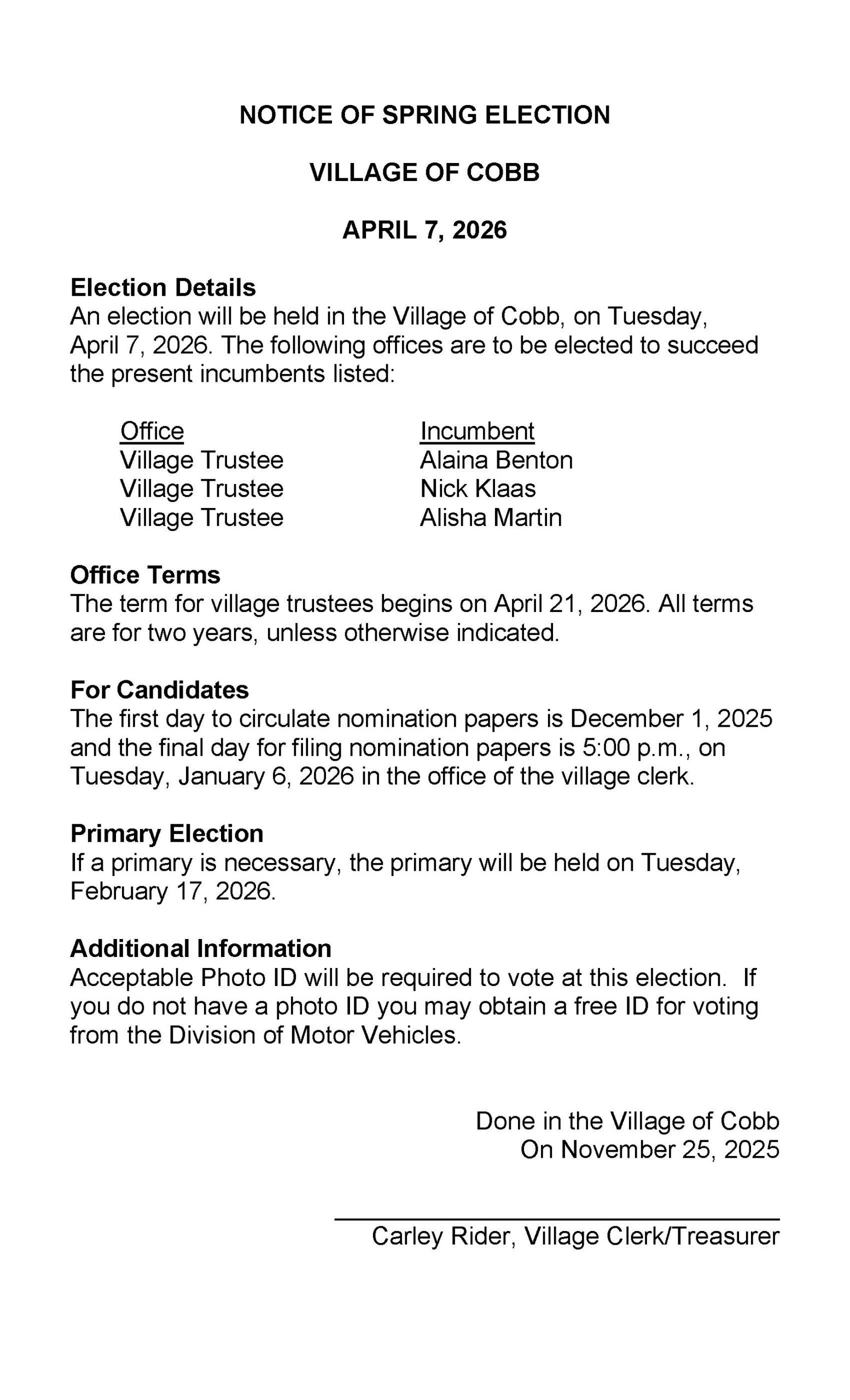 NOTICE OF SPRING ELECTION 2026 – Village of Cobb, Iowa County, Wisconsin