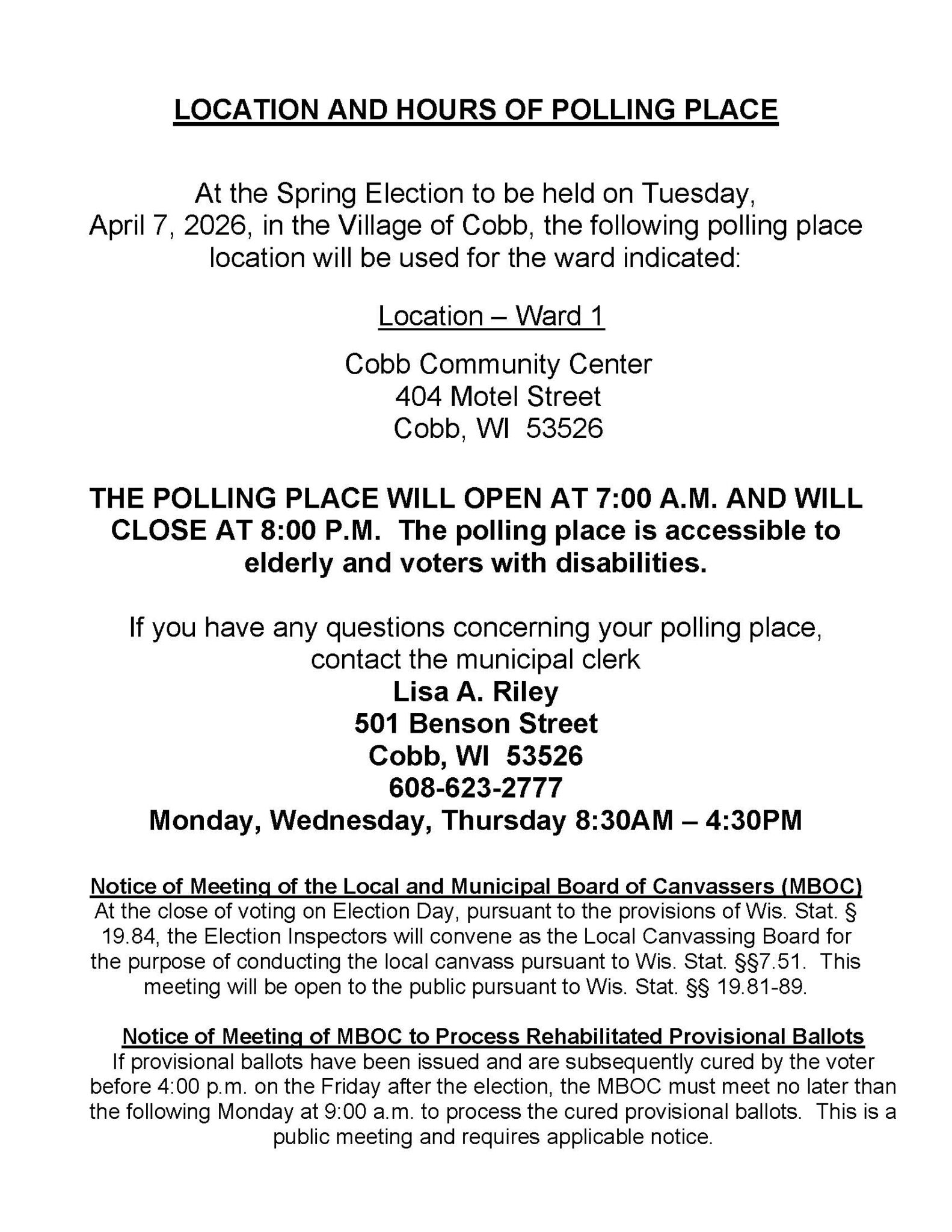 Location and Hours of Polling Place – Village of Cobb, Iowa County ...
