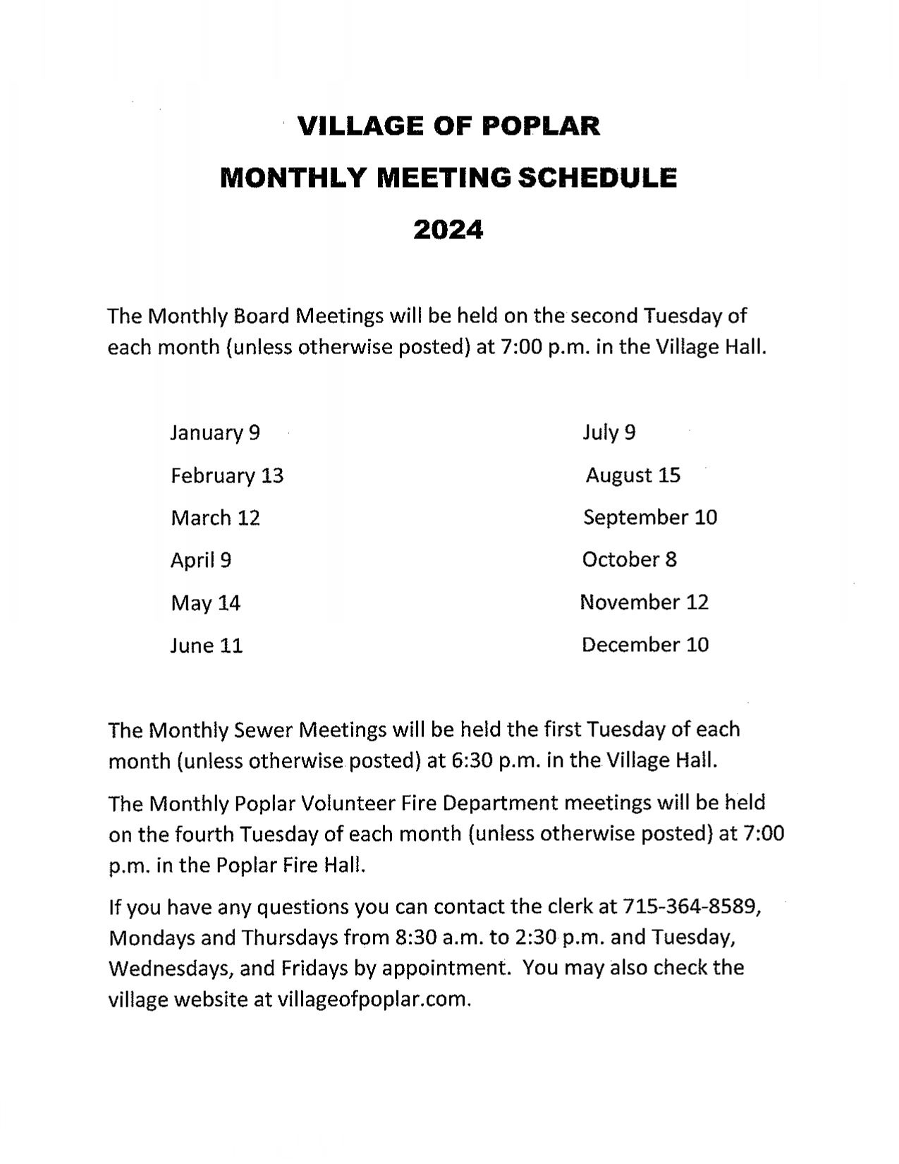 Village Meetings in 2024 – Village of Poplar, Douglas County, Wisconsin