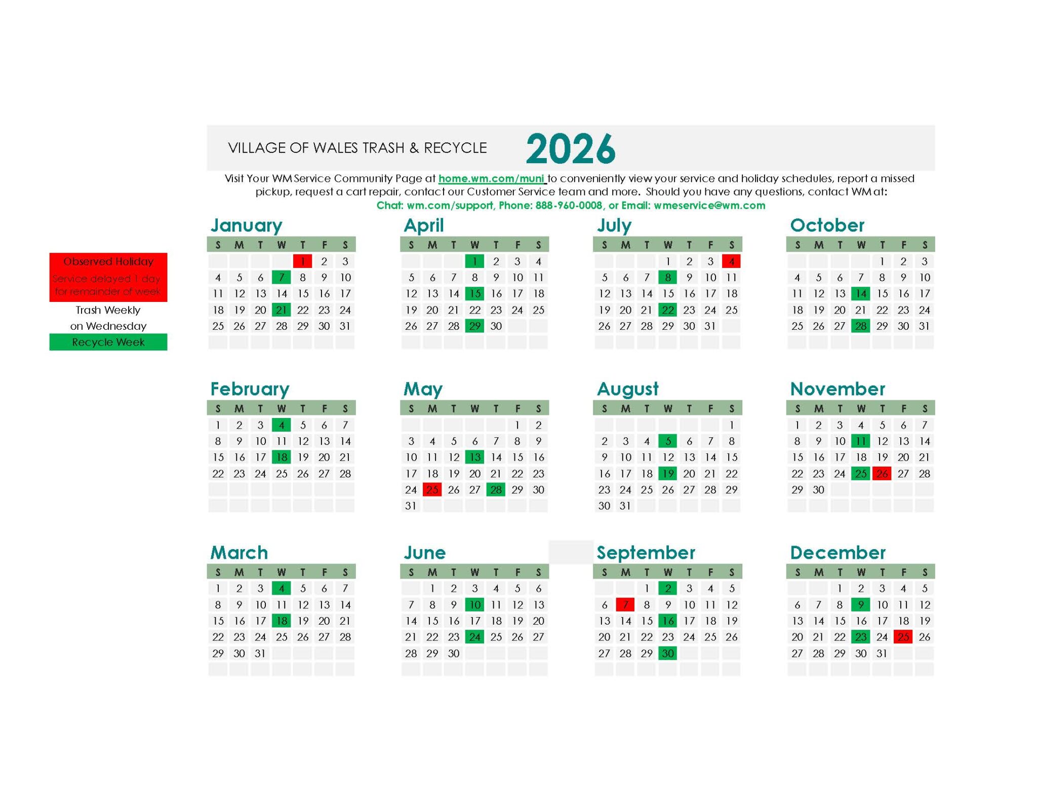 2026 Trash and Recycling Calendar - Village of Wales