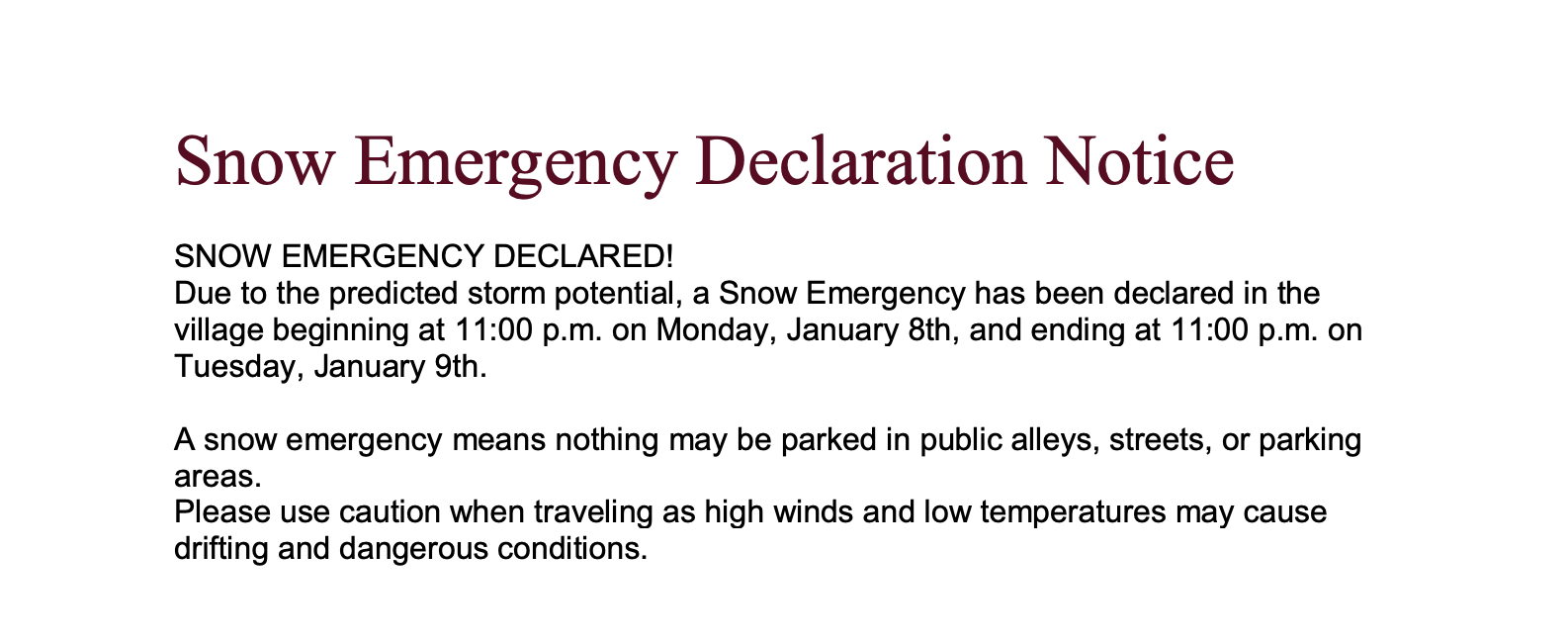 Snow Emergency Declaration Notice - Village of Wyocena