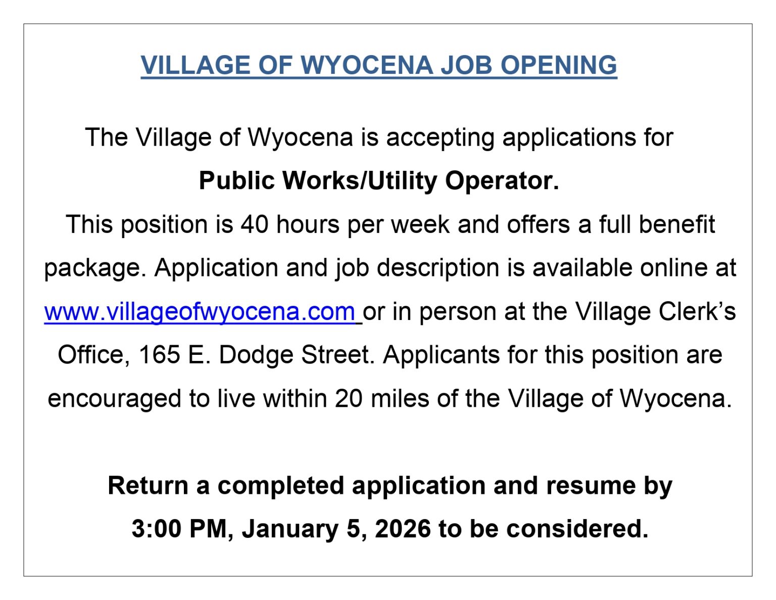 Job Opening – Public Works/Utility Operator - Village of Wyocena